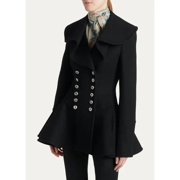 Alexander McQueen Ruffle Wool Fitted Double-breasted Coat