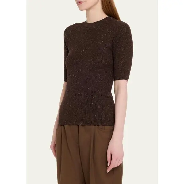 Brunello Cucinelli Metallic Rib Short-sleeve Crewneck Sweater