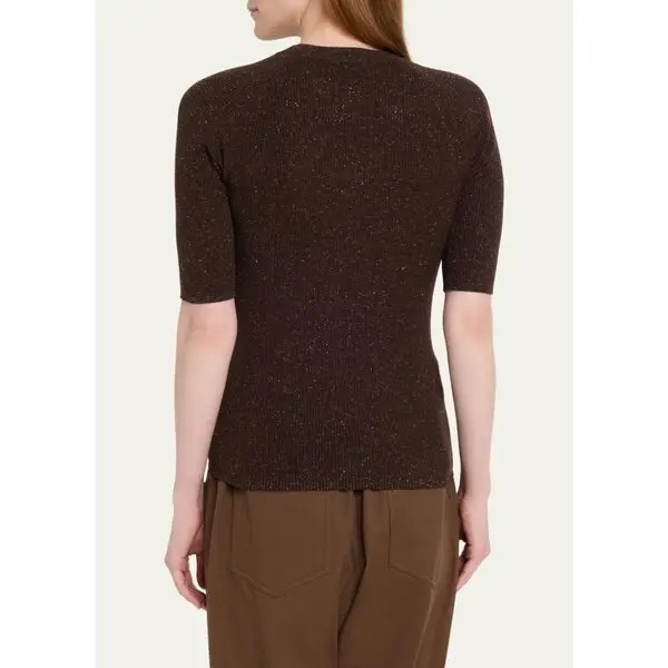 Brunello Cucinelli Metallic Rib Short-sleeve Crewneck Sweater