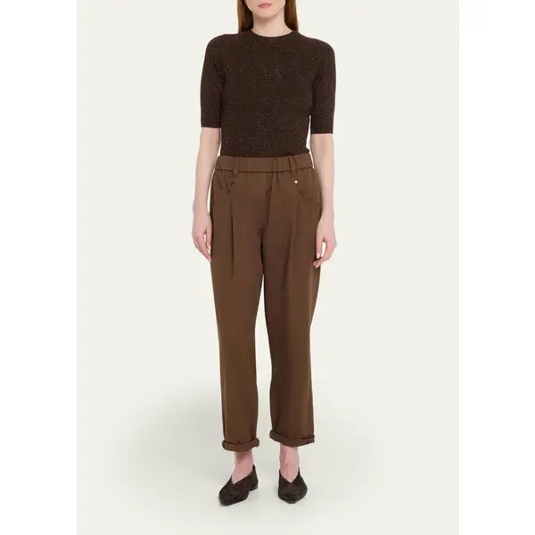Brunello Cucinelli Metallic Rib Short-sleeve Crewneck Sweater