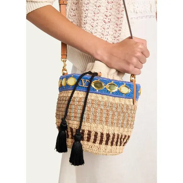 Valentino Garavani Small Viscose Raffia Beaded Bucket Bag