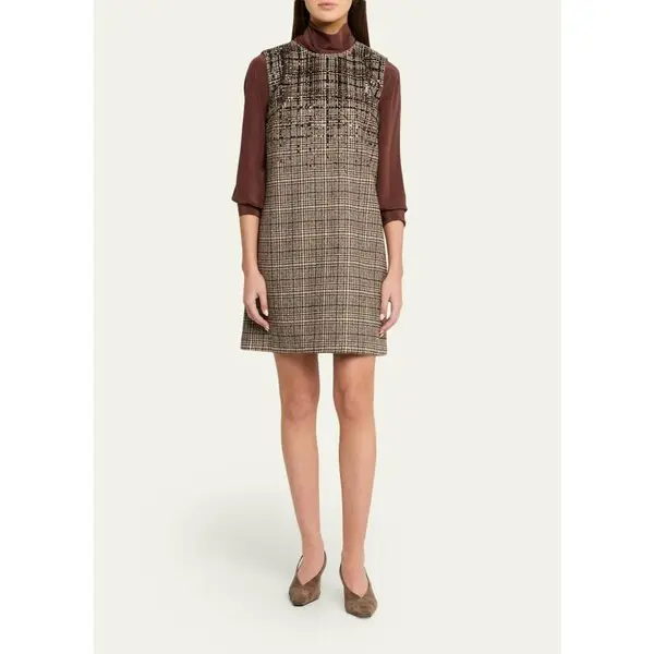 Brunello Cucinelli Sequined Plaid Jacquard Sleeveless Dress