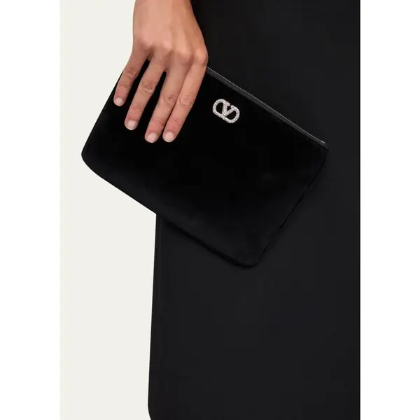 Valentino Garavani Medium Crystal Vlogo Velvety Flat Pouch Bag