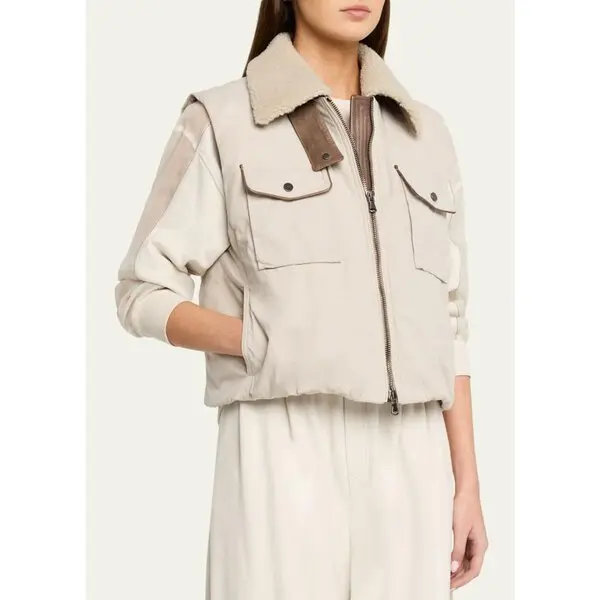 Brunello Cucinelli Lamb Shearling Collar Techno Satin Padded Vest
