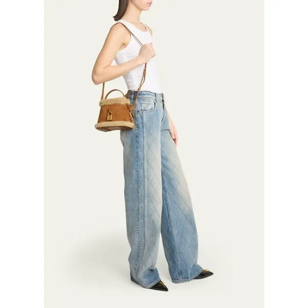 Balmain Pulse Shearling-trim Suede Vanity Crossbody Bag
