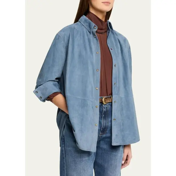 Brunello Cucinelli Suede Long Sleeve Snap Button Shirt