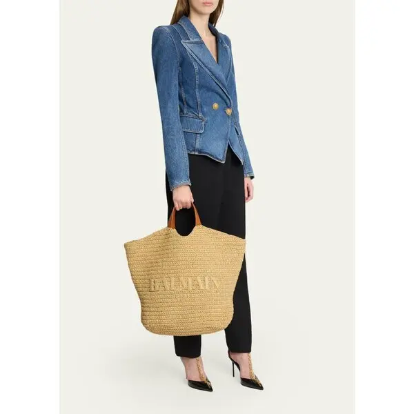 Balmain Cabas Large Faux Raffia Tote Bag
