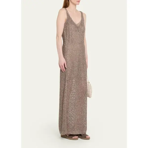 Brunello Cucinelli Shimmering Net Knit Sleeveless Maxi Dress