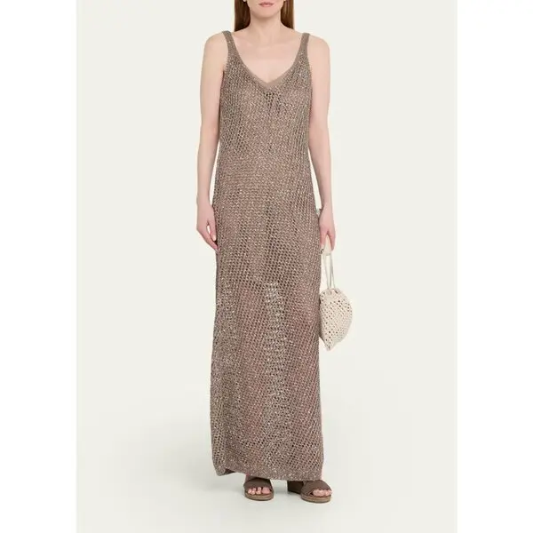 Brunello Cucinelli Shimmering Net Knit Sleeveless Maxi Dress