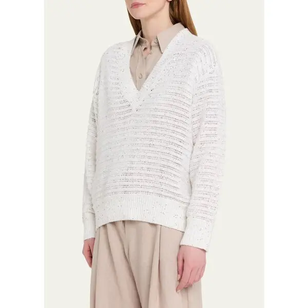 Brunello Cucinelli Linen-blend Sequin V-neck Sweater