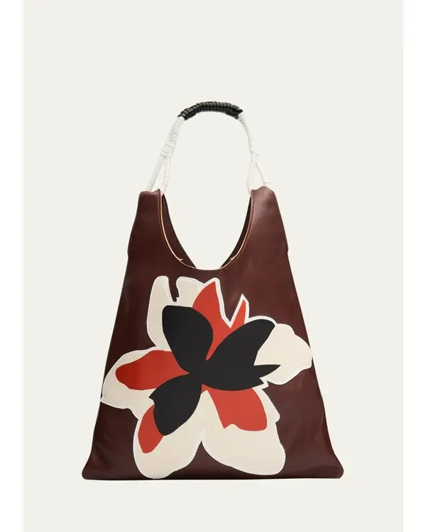 Plan C Floral Applique Leather Shopper Tote Bag