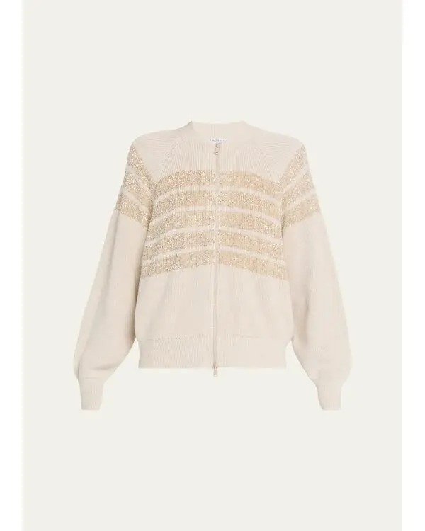 Brunello Cucinelli Sequin Striped Cotton Knit Zip-up Cardigan
