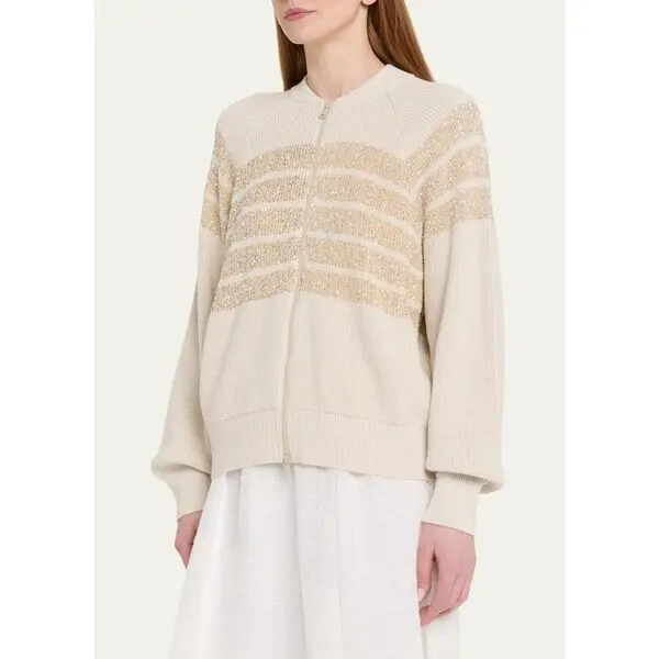 Brunello Cucinelli Sequin Striped Cotton Knit Zip-up Cardigan