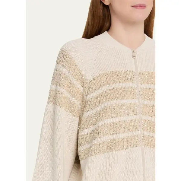 Brunello Cucinelli Sequin Striped Cotton Knit Zip-up Cardigan