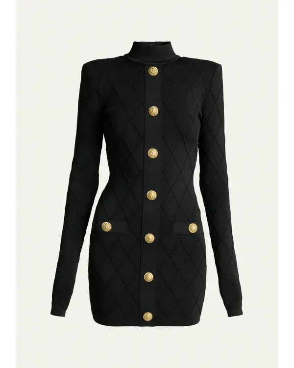 Balmain Long-sleeve Buttoned Knit Mini Dress - Noir