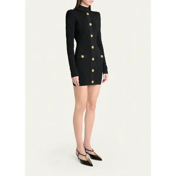 Balmain Long-sleeve Buttoned Knit Mini Dress