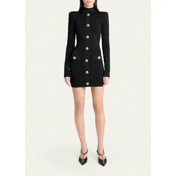 Balmain Long-sleeve Buttoned Knit Mini Dress