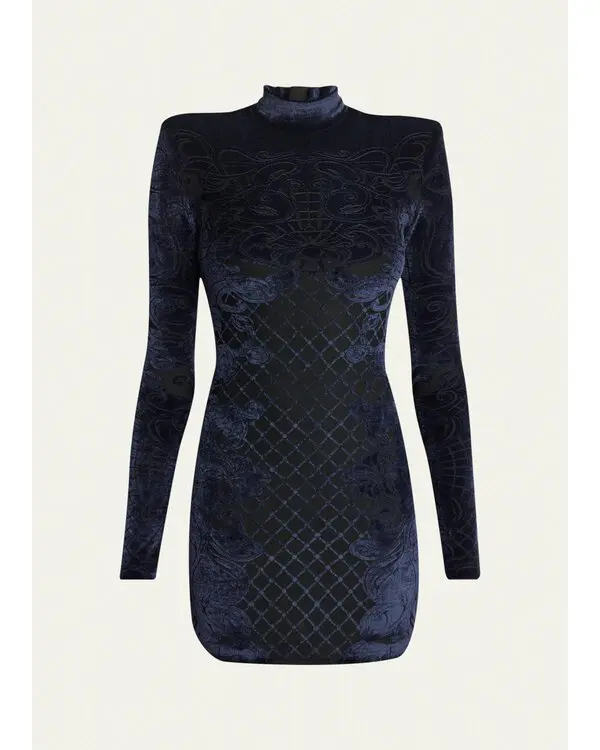 Balmain Baroque Velvet Strong-shoulder Long-sleeve Mini Dress