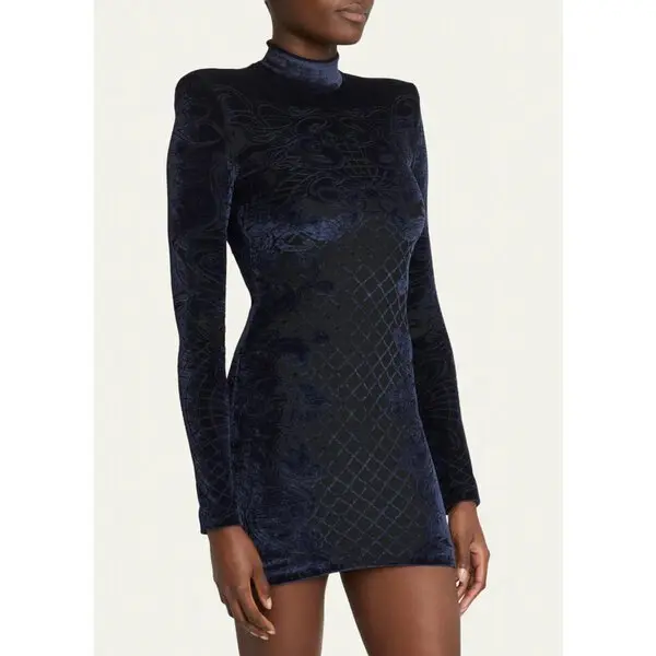 Balmain Baroque Velvet Strong-shoulder Long-sleeve Mini Dress