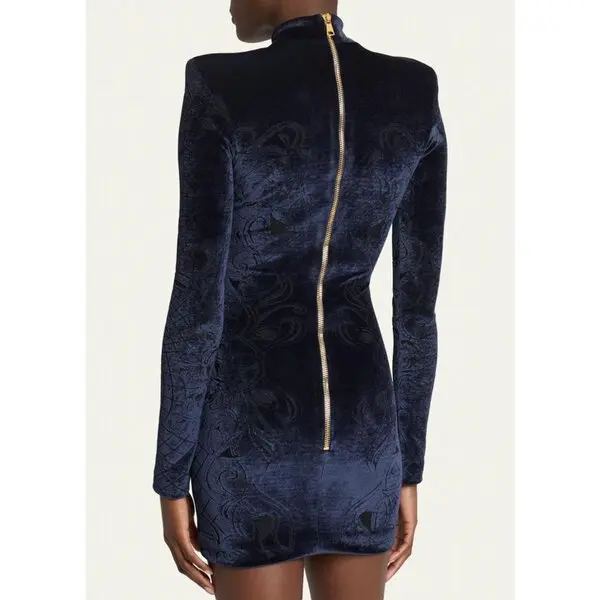 Balmain Baroque Velvet Strong-shoulder Long-sleeve Mini Dress