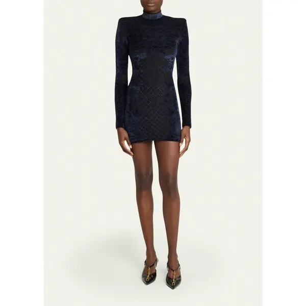 Balmain Baroque Velvet Strong-shoulder Long-sleeve Mini Dress