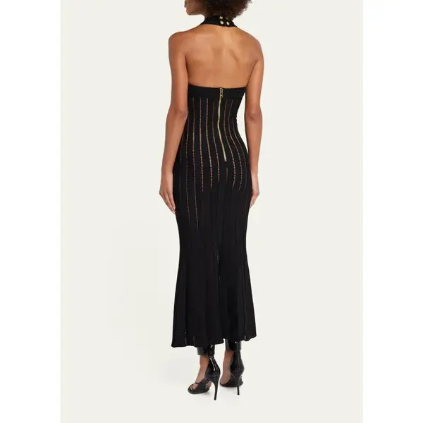 Balmain Crisscross Halter Fléchage Knit Midi Dress