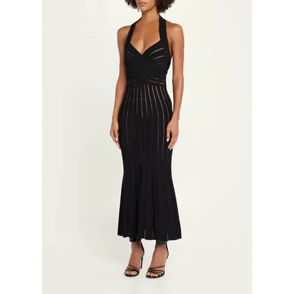 Balmain Crisscross Halter Fléchage Knit Midi Dress