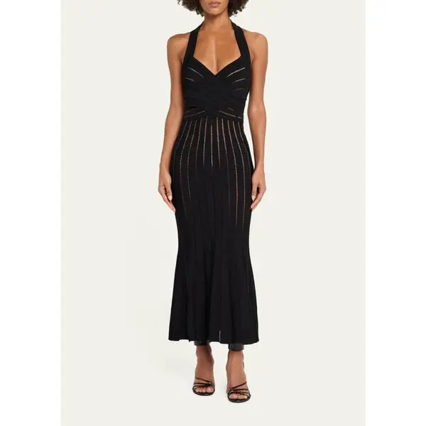 Balmain Crisscross Halter Fléchage Knit Midi Dress