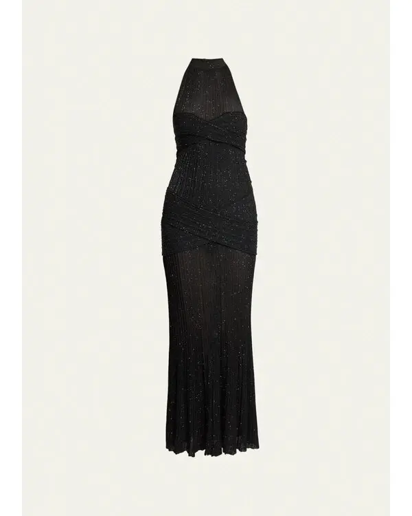 Balmain Glittered Crisscross Semi-sheer Halter Dress