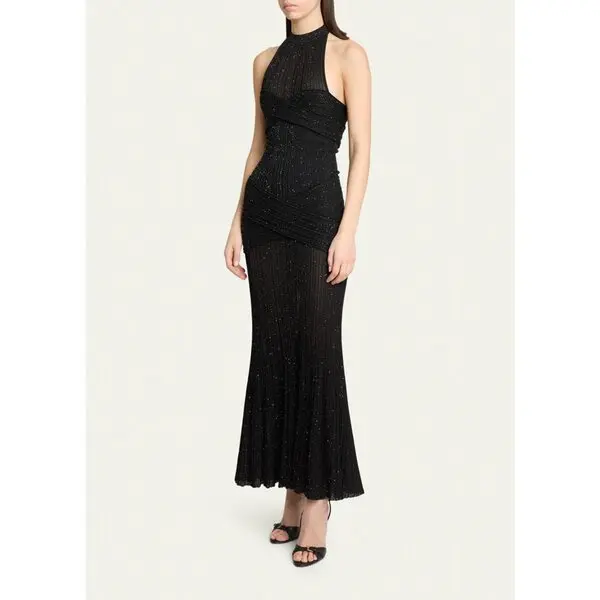 Balmain Glittered Crisscross Semi-sheer Halter Dress