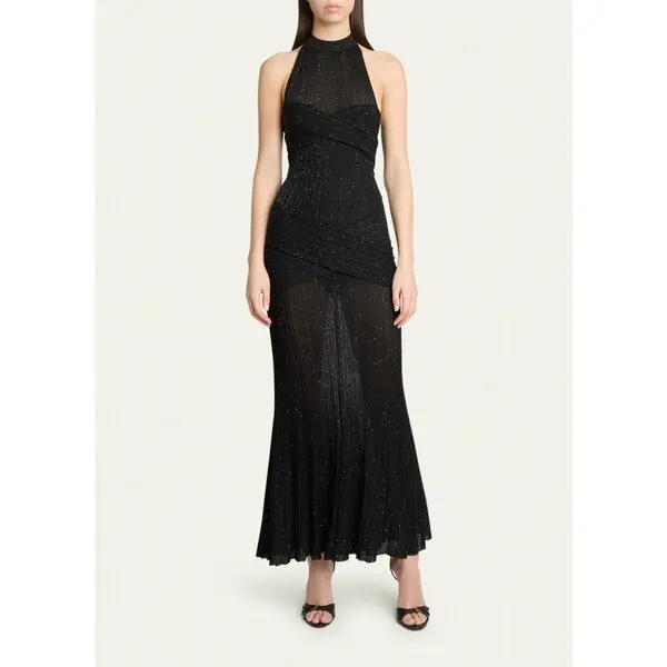 Balmain Glittered Crisscross Semi-sheer Halter Dress