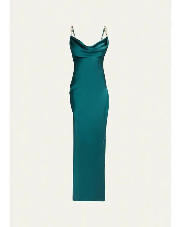 Balmain Cowl-neck Embroidered Strap Silk Column Gown
