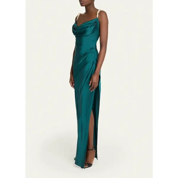 Balmain Cowl-neck Embroidered Strap Silk Column Gown