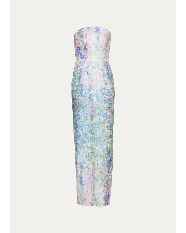 Pamella Roland Strapless Printed Sequin Column Gown - Blue Multi