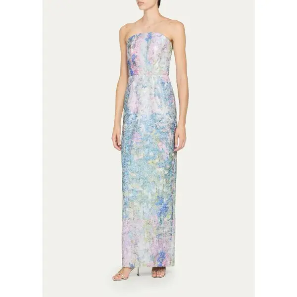 Pamella Roland Strapless Printed Sequin Column Gown