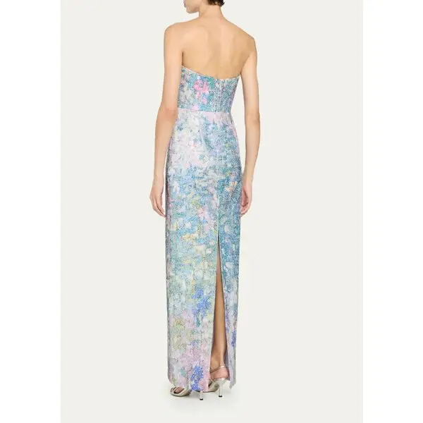 Pamella Roland Strapless Printed Sequin Column Gown