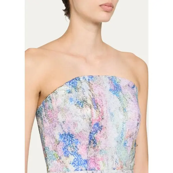 Pamella Roland Strapless Printed Sequin Column Gown