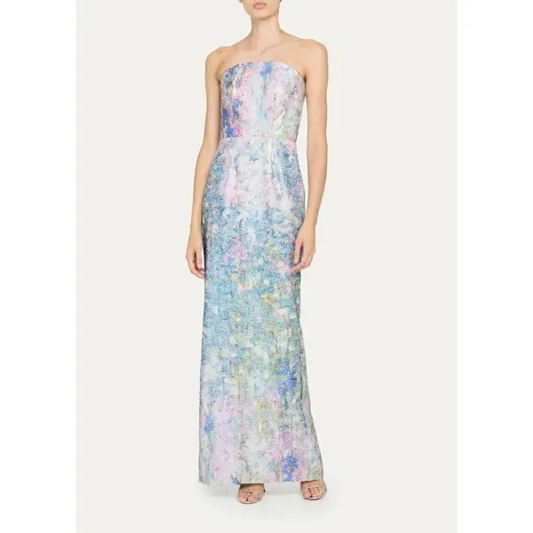 Pamella Roland Strapless Printed Sequin Column Gown