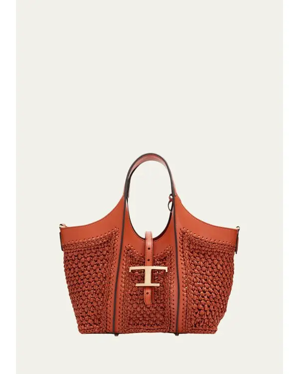 TOD'S Small T Timeless Raffia & Leather Shopping Bag