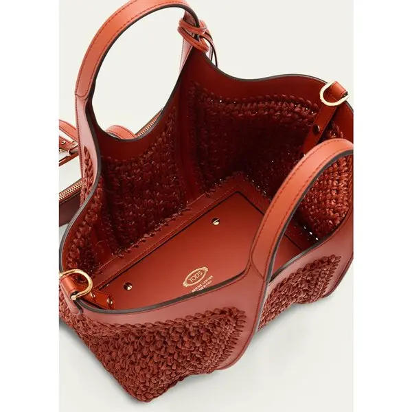 TOD'S Small T Timeless Raffia & Leather Shopping Bag