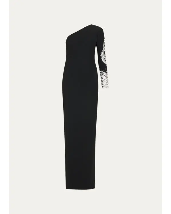 Pamella Roland One-shoulder Beaded Crepe Column Gown - Black/silver