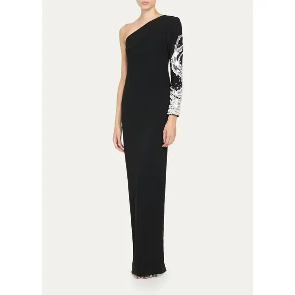 Pamella Roland One-shoulder Beaded Crepe Column Gown