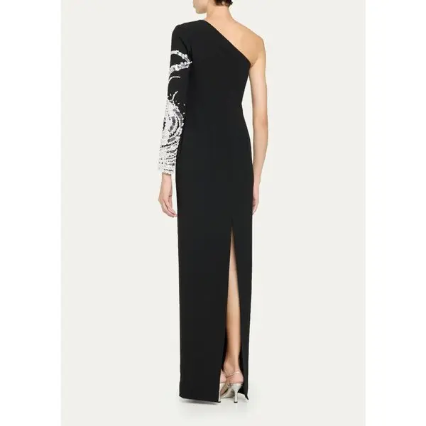 Pamella Roland One-shoulder Beaded Crepe Column Gown