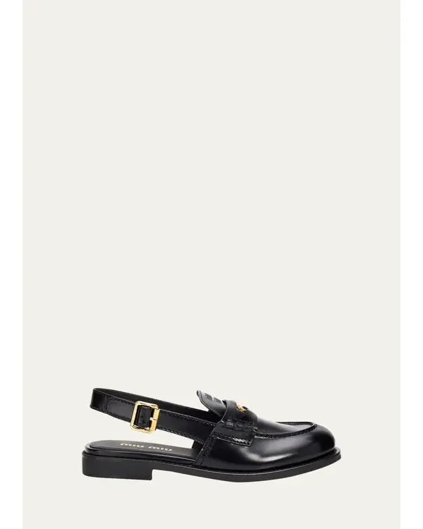 Miu Miu Spazzolato Leather Slingback Penny Loafers - Nero