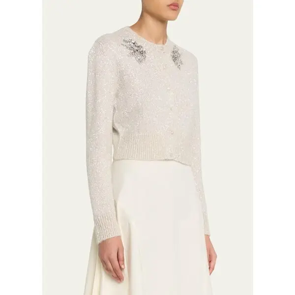 Erdem Crystal Crewneck Paillette Knit Crop Cardigan