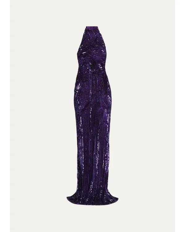Pamella Roland Wave Beaded Halter Column Gown - Violet