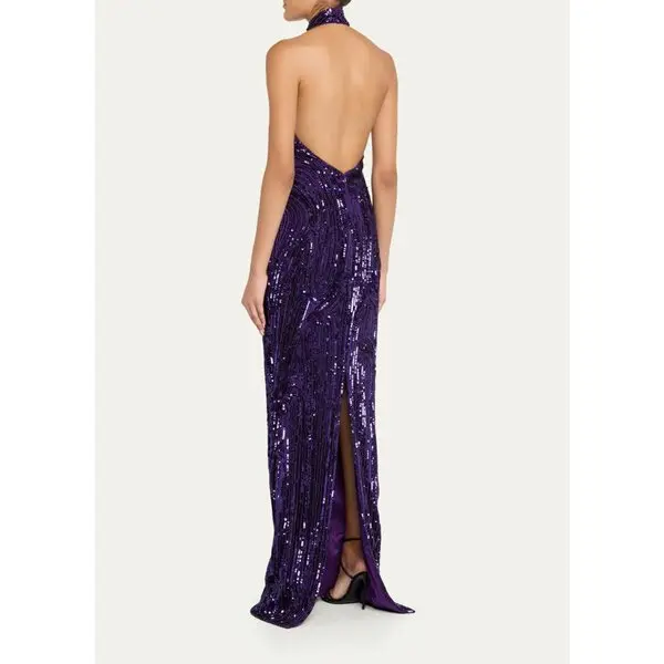 Pamella Roland Wave Beaded Halter Column Gown