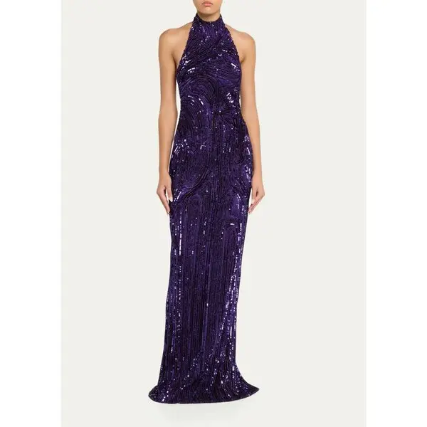 Pamella Roland Wave Beaded Halter Column Gown