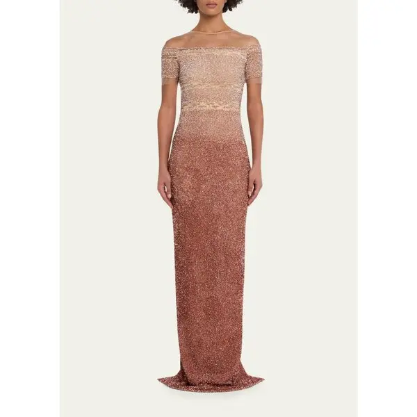 Pamella Roland Degrade Sequin Illusion Column Gown