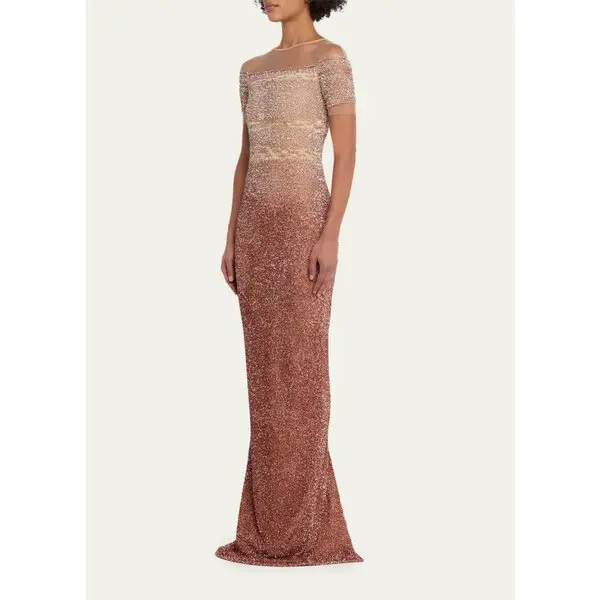 Pamella Roland Degrade Sequin Illusion Column Gown